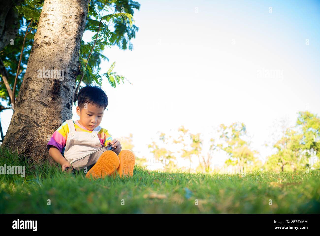 Adorable asian boy sitting under tree use tablet computer technology ...
