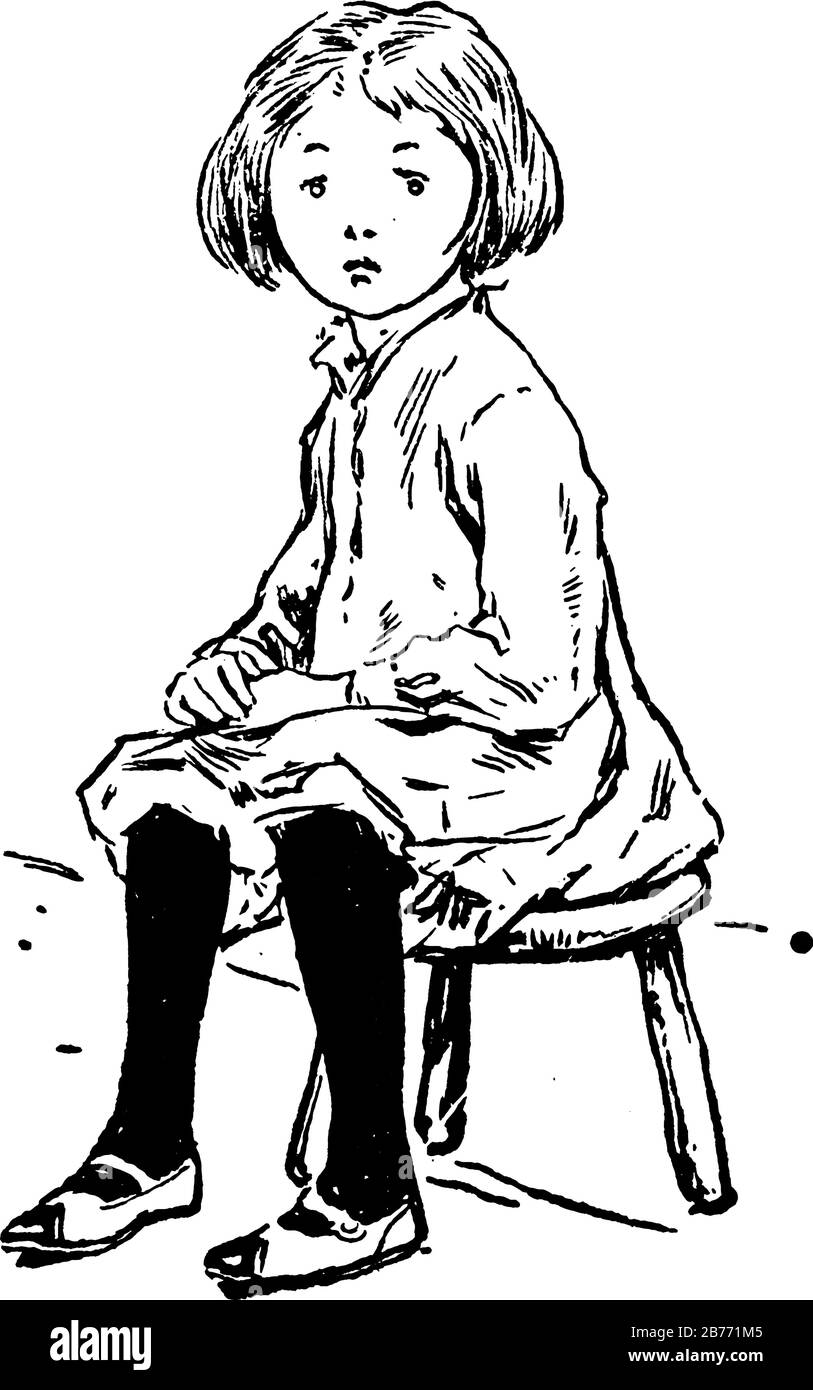 The picture depicts a small girl sitting on a little stool, and is sad ...