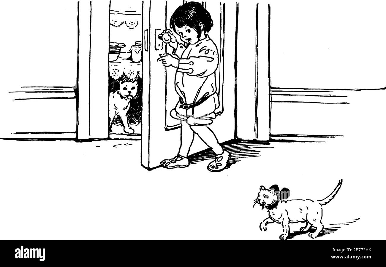 A girl opening the cupboard to find one of her cats, it shows the one ...