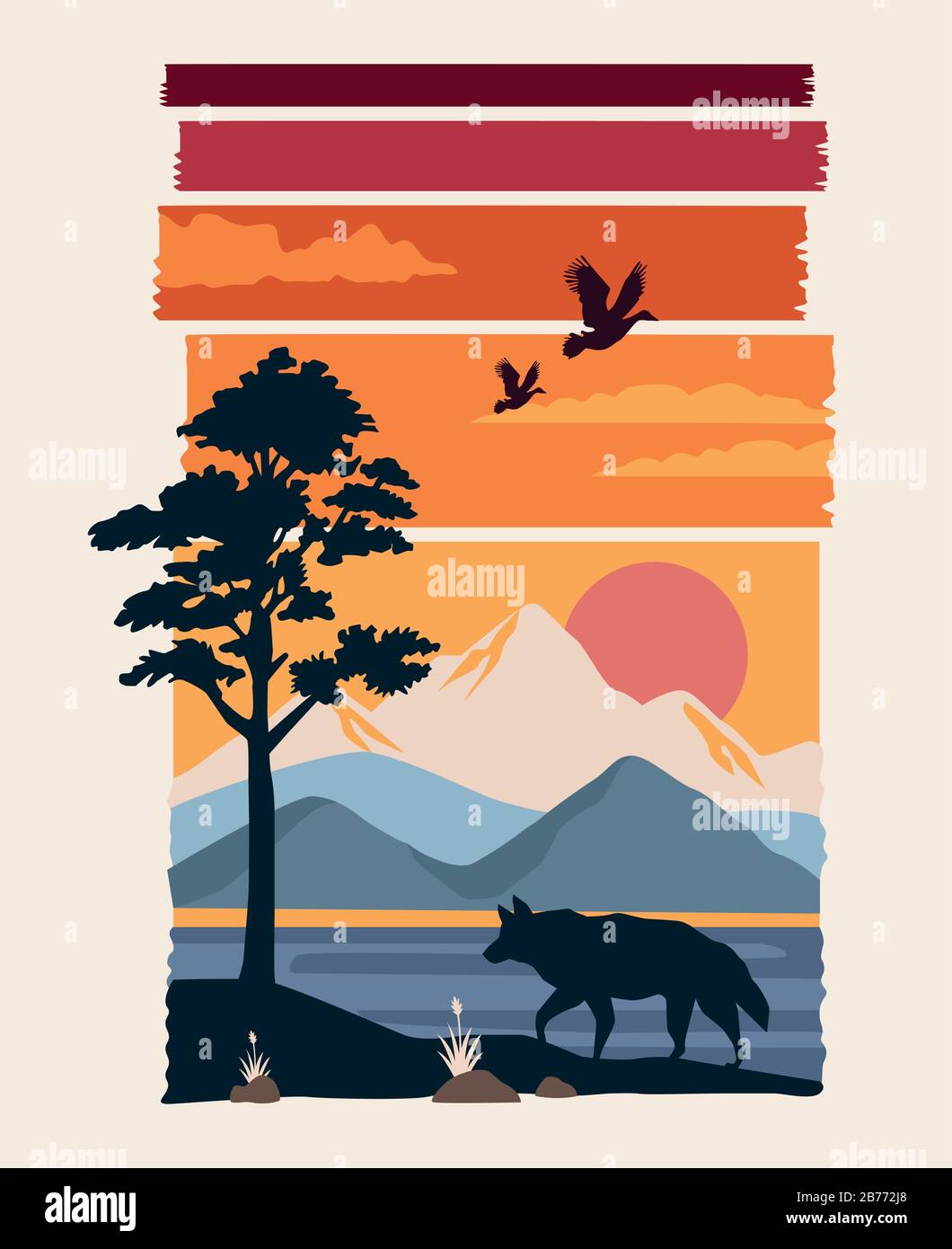 beautiful landscape with birds and wolf scene Stock Vector Image & Art ...