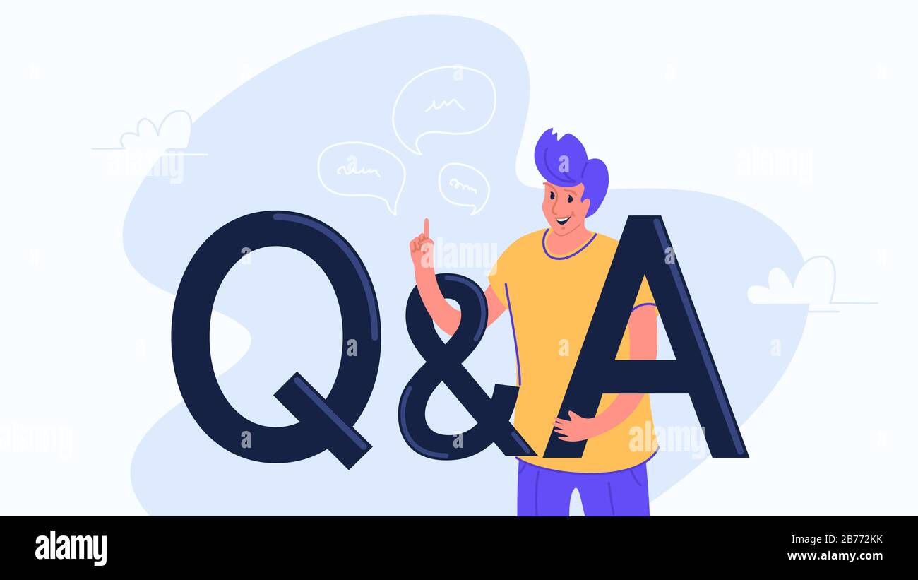 Question and answer concept vector illustration of happy man standing ...