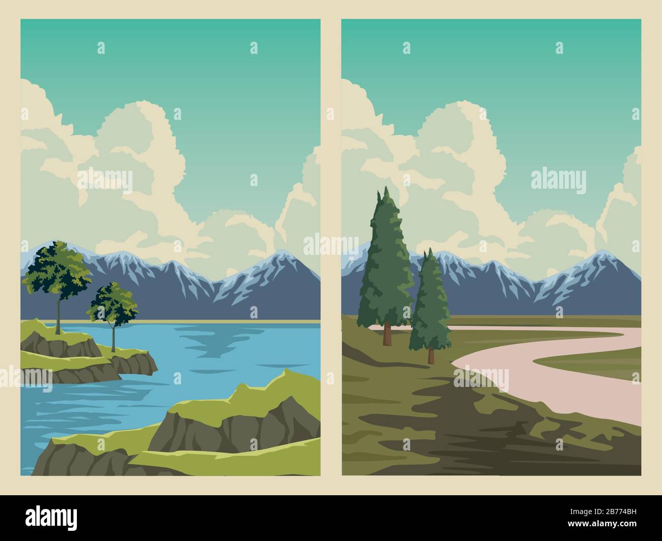 beautiful landscape with river and mountains scene Stock Vector Image ...