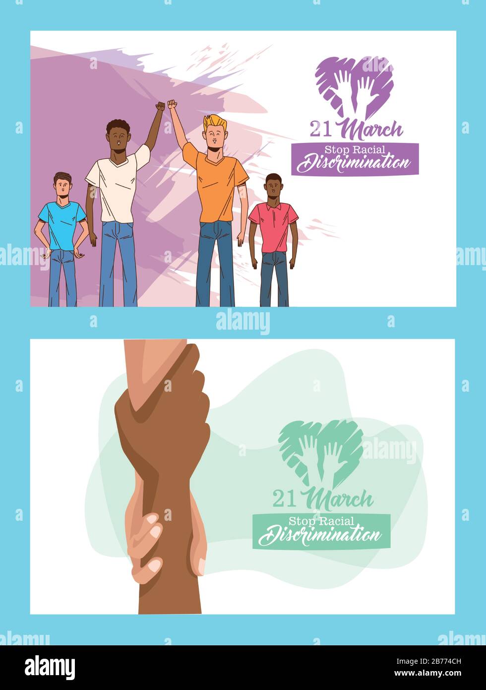 stop racism international day poster with interracial men and handshake ...