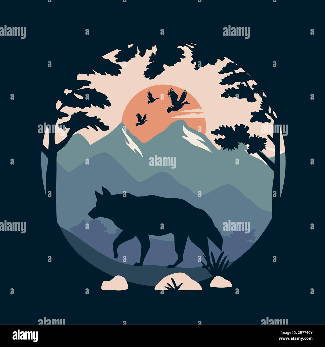 beautiful landscape with birds and wolf scene Stock Vector Image & Art ...