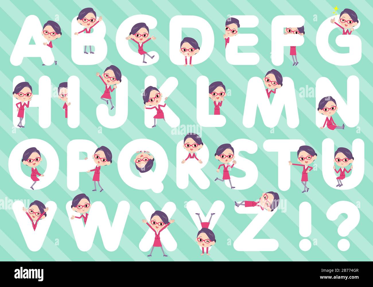 A set of women designed with alphabet.Characters with fun expressions ...