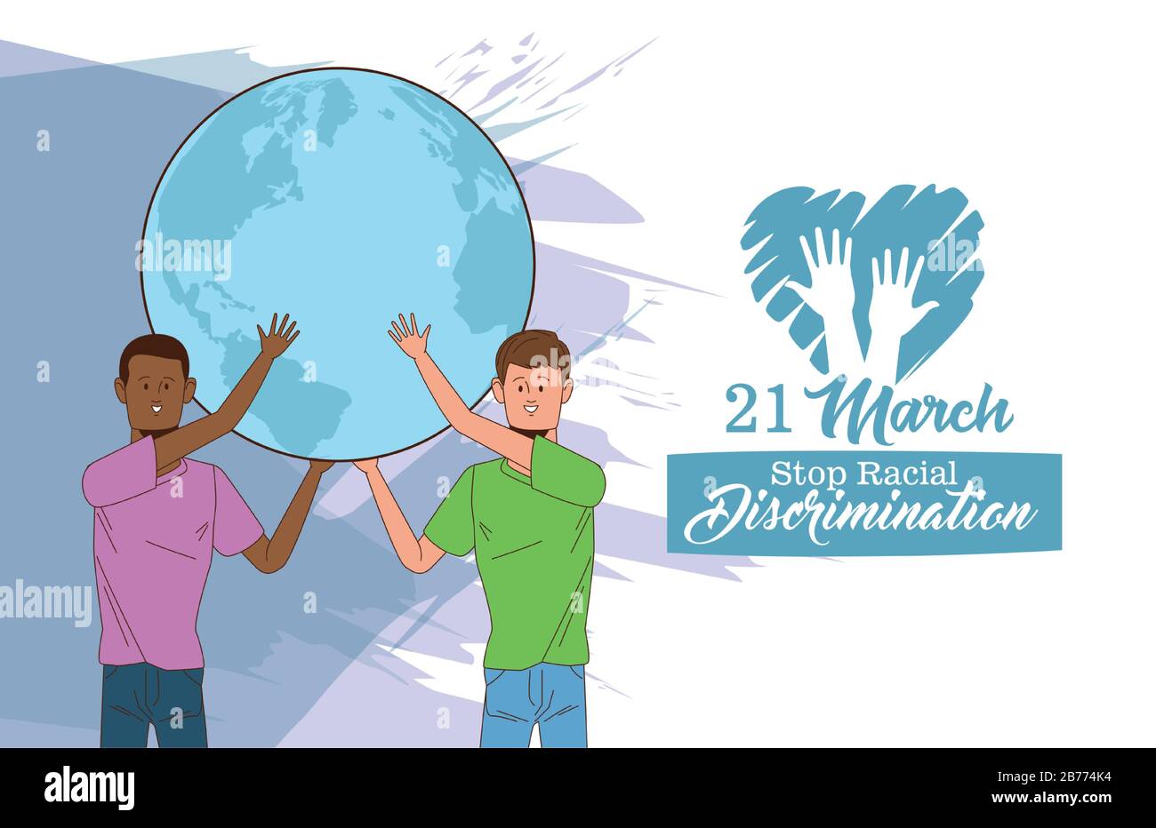 stop racism international day poster with interracial men lifting earth ...
