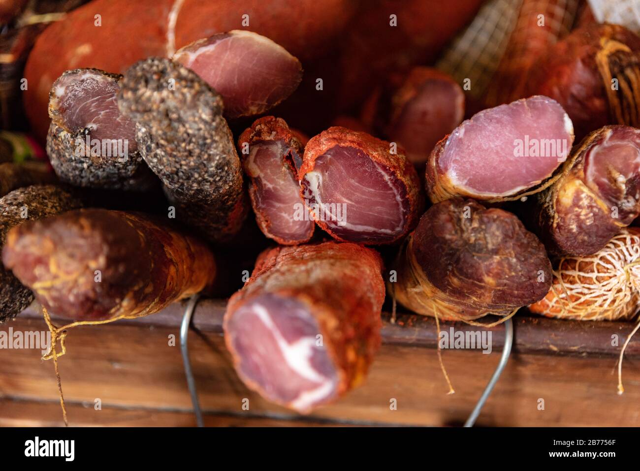 Variety of processed cold meat products. Assortment of diferent cold ...