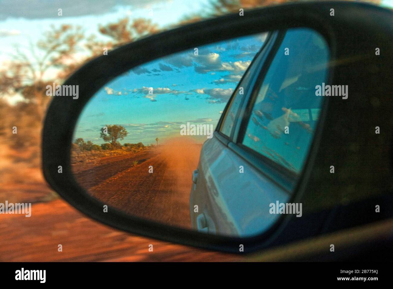 Outback road car mirror reflection, Central Midlands Western Australia ...