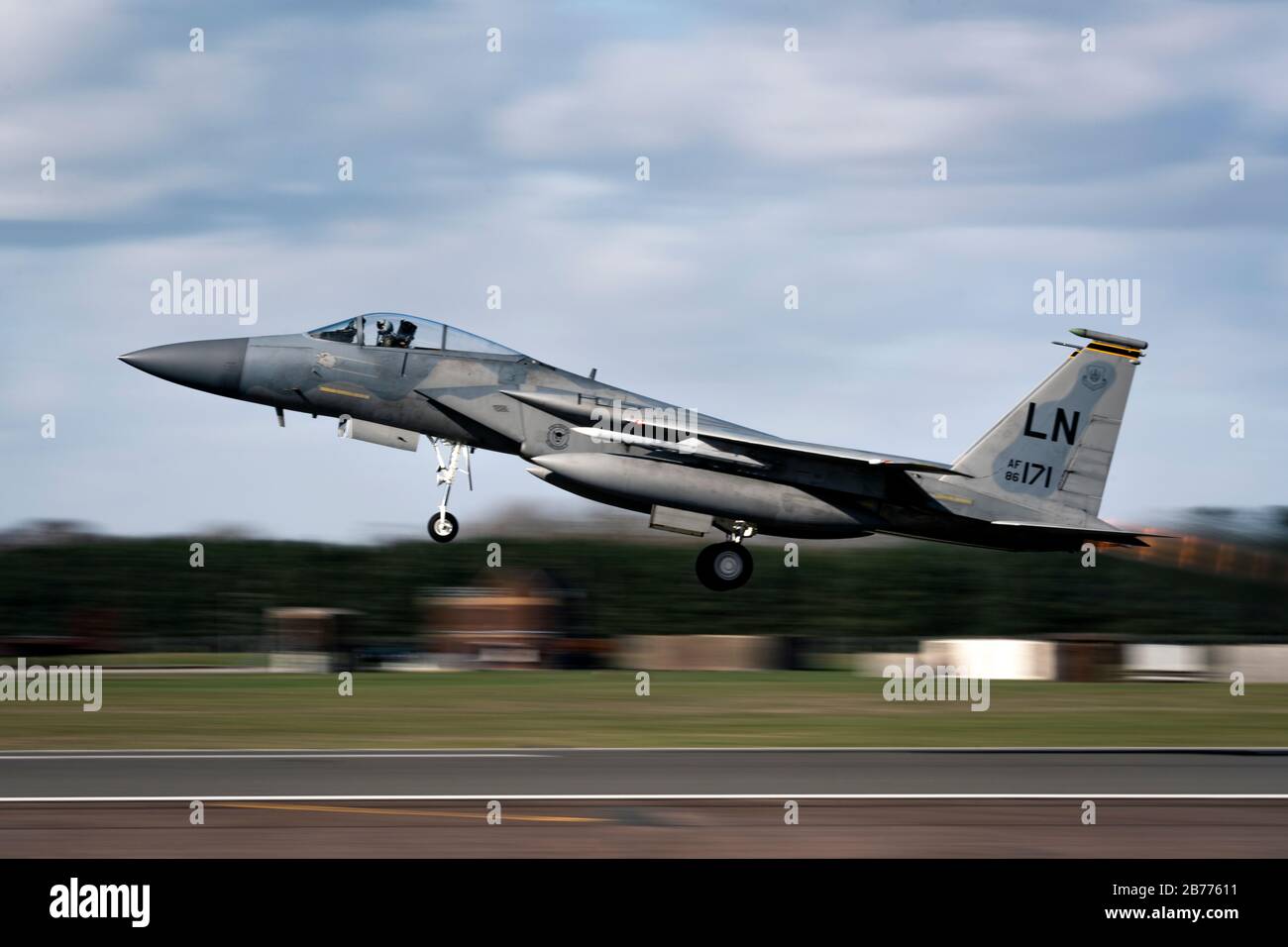 An F-15C Eagle assigned to the 493rd Fighter Squadron takes off from Royal Air Force Lakenheath ...