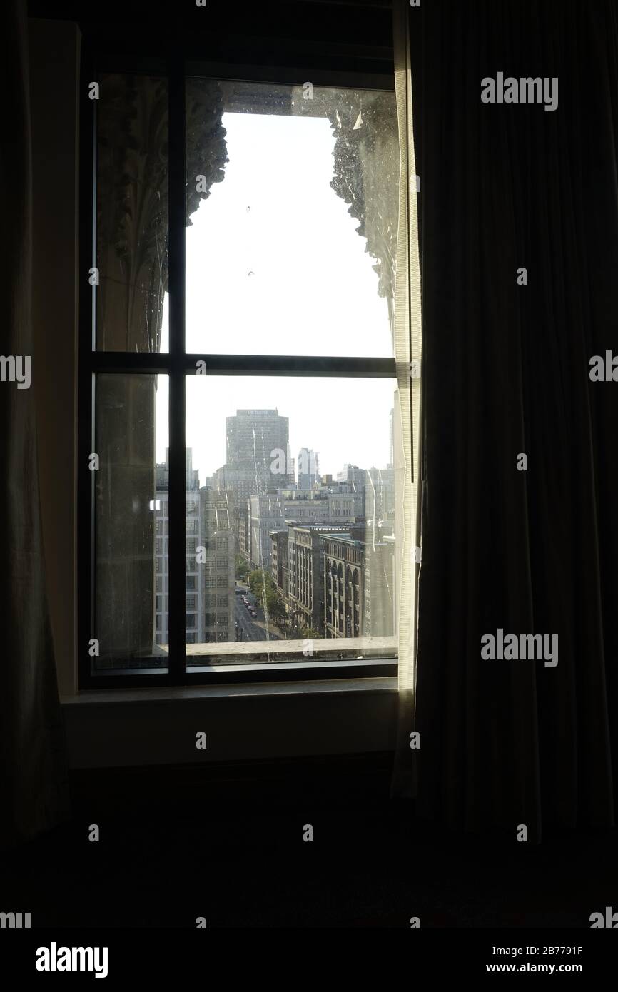 Vertical shot of a window view of city buildings in St. Louis, Missouri ...