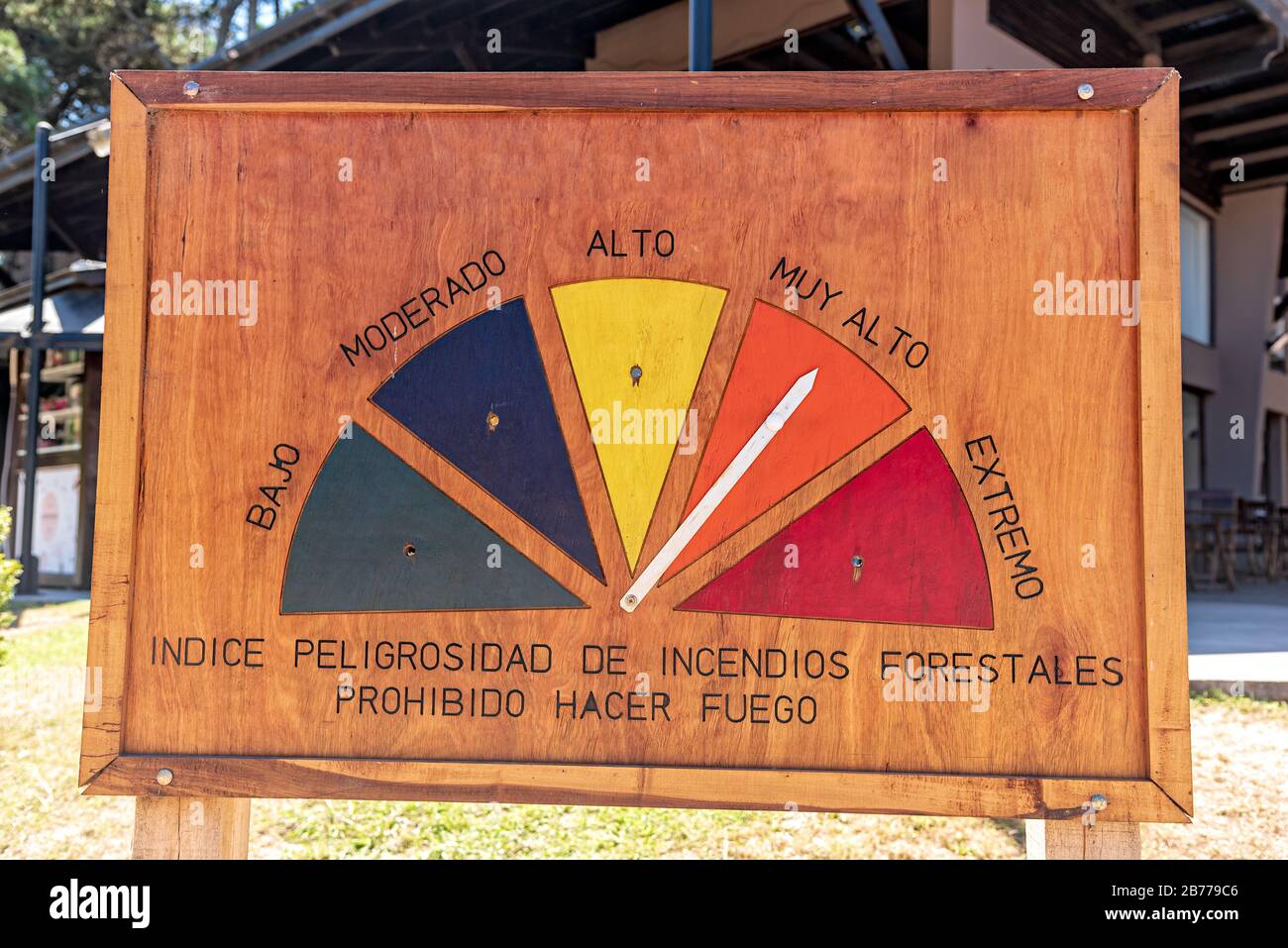 Sign of forest fire meter with the arrow marking "very high" - "Index ...