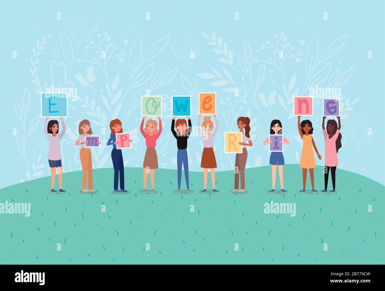 Women avatars holding empowering text banners vector design Stock ...