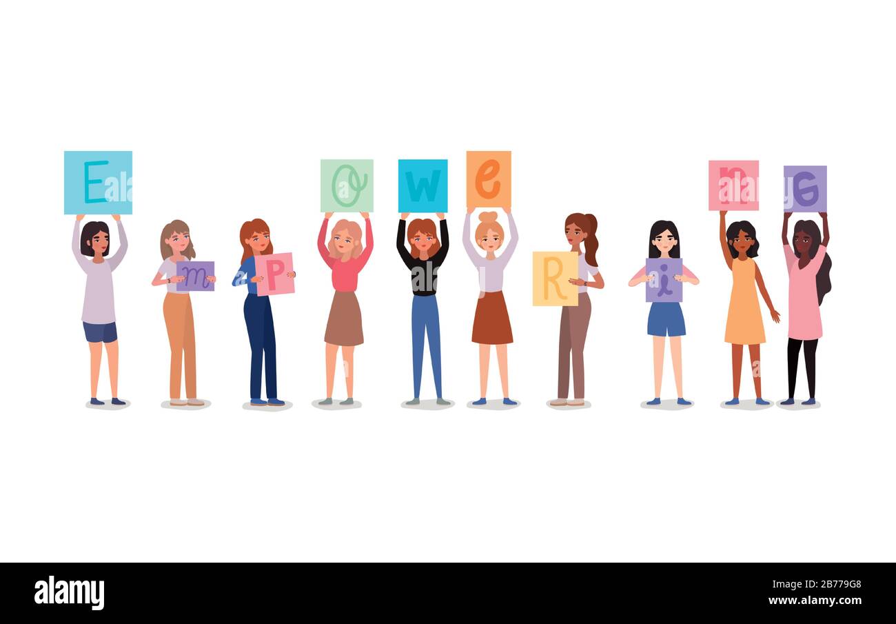 Women avatars holding empowering text banners vector design Stock ...