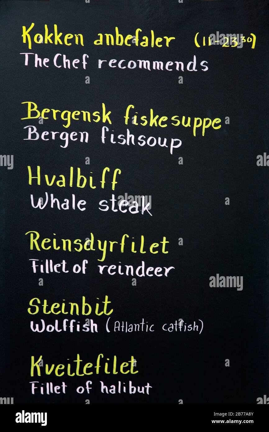Restaurant Menu in Historic Bryggen District, Bergen City, Norway ...