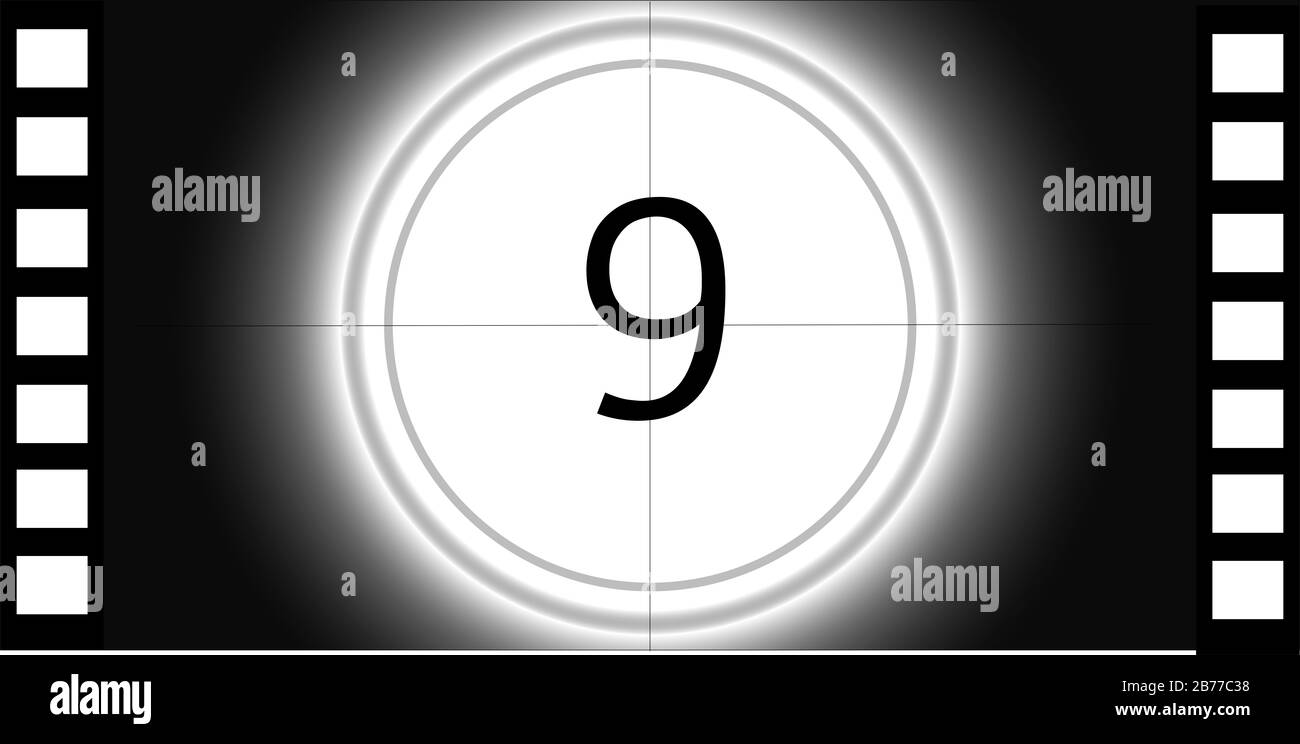 Number 9 cinema movie countdown introduction screen in black and white ...