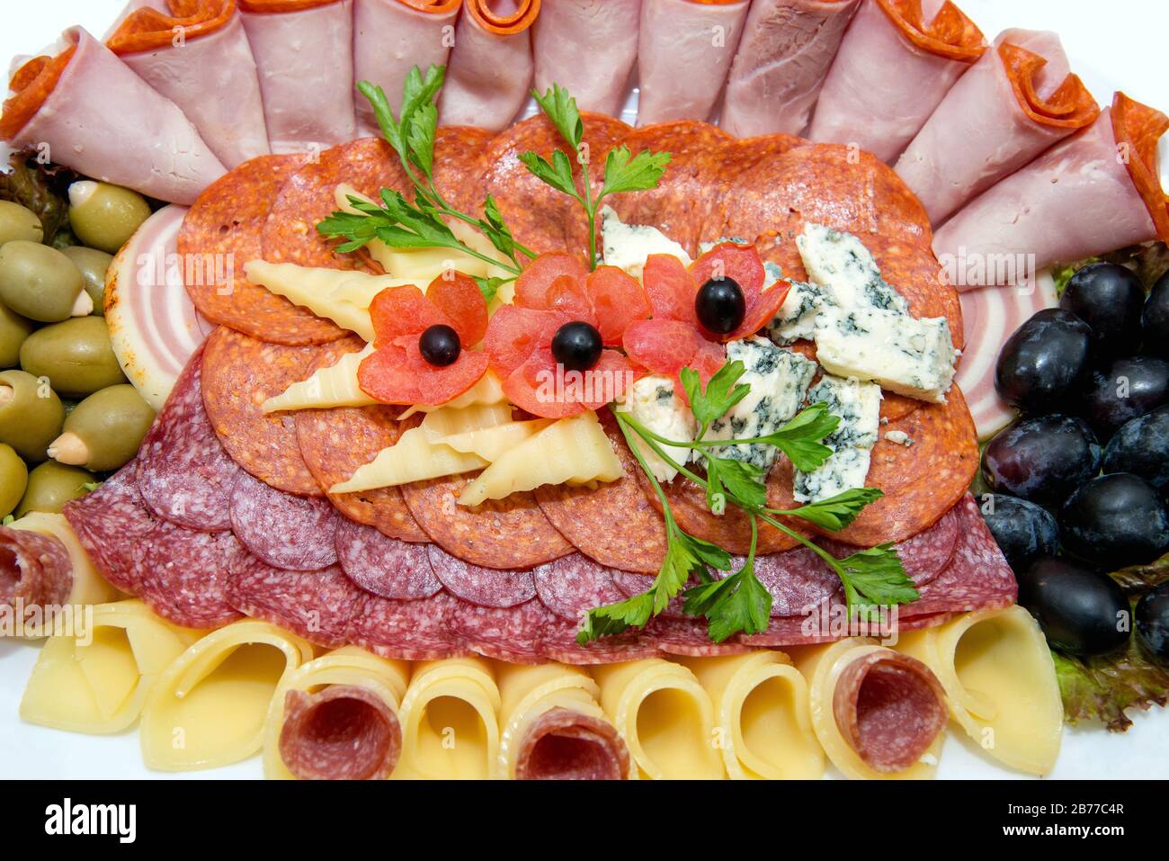 Different types delicacies of meat and cheese arranged in a plate over ...