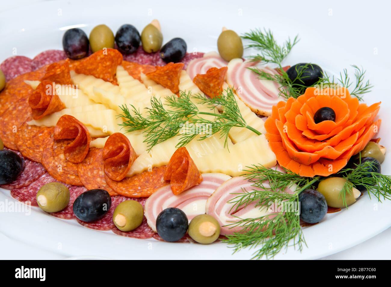 Different types delicacies of meat and cheese arranged in a plate over ...