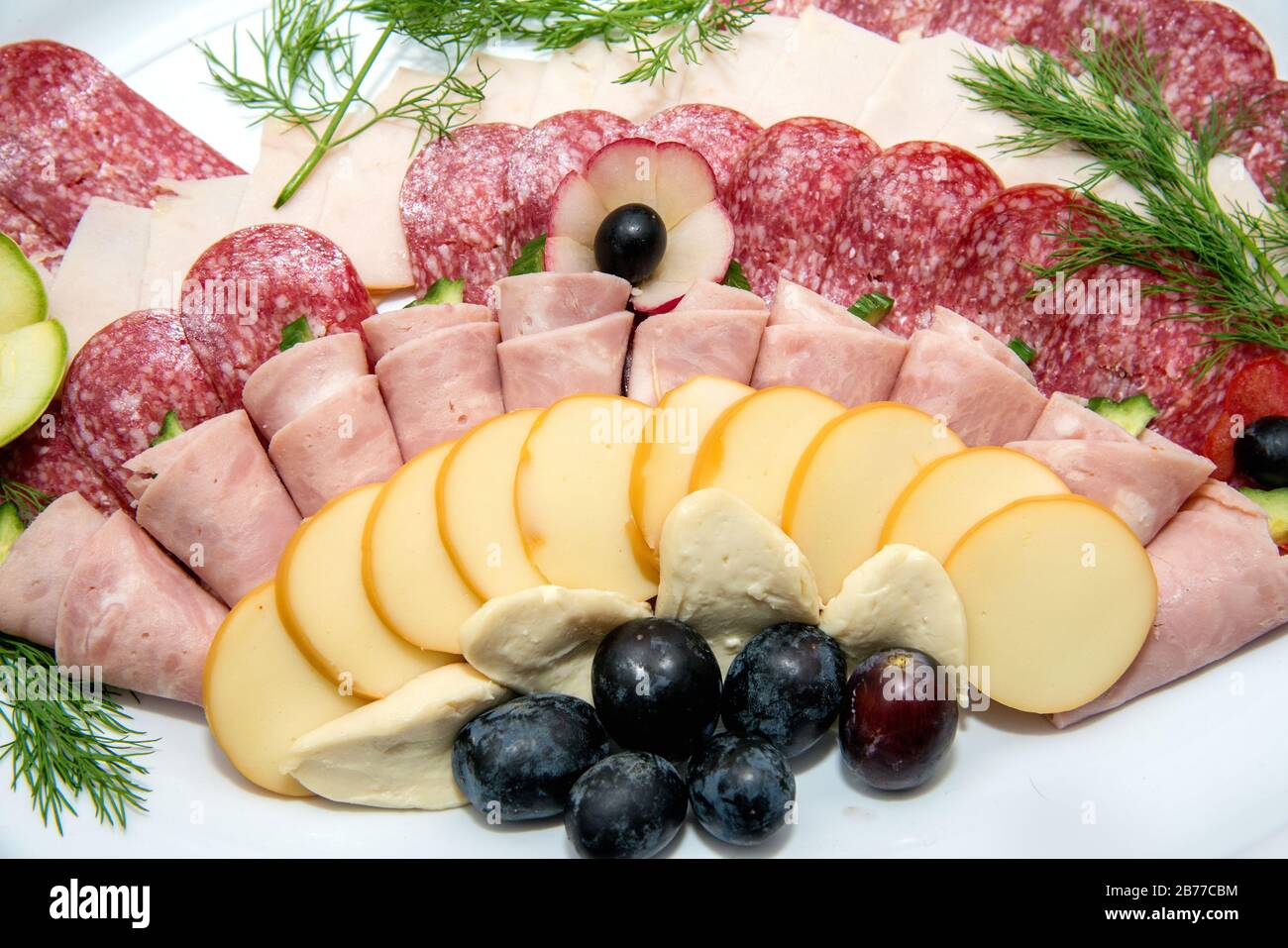 Different types delicacies of meat and cheese arranged in a plate over ...