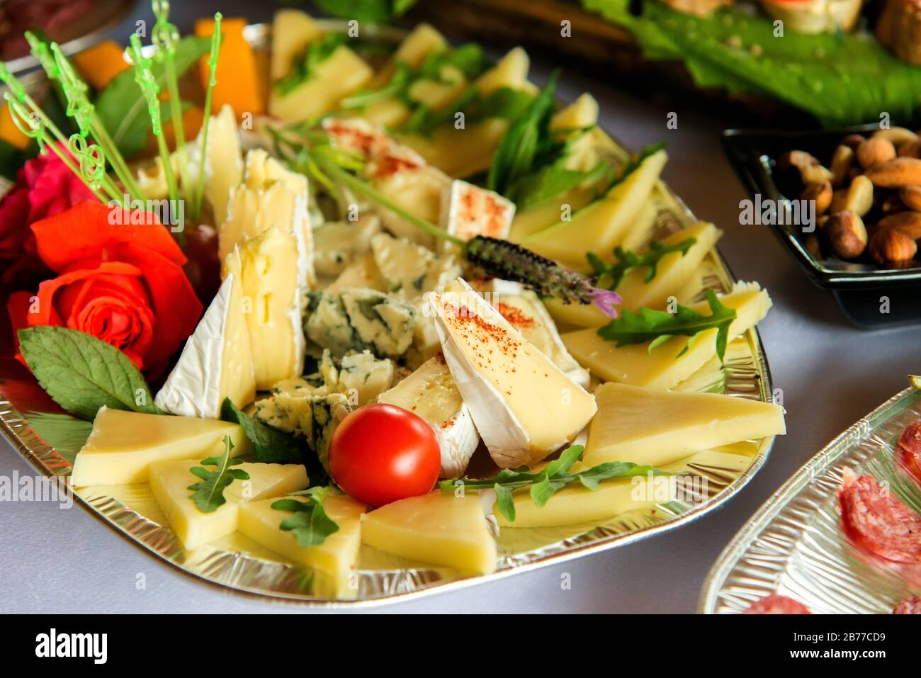 Different types delicacies of meat and cheese arranged in a plate over ...