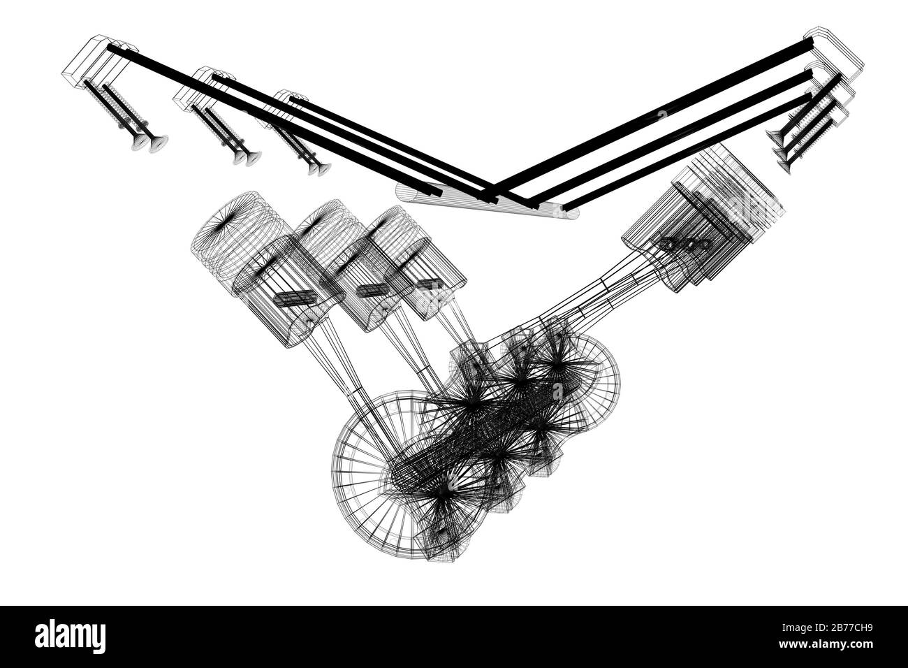 3D six-cylinder car engine, wireframe, white background Stock Photo - Alamy