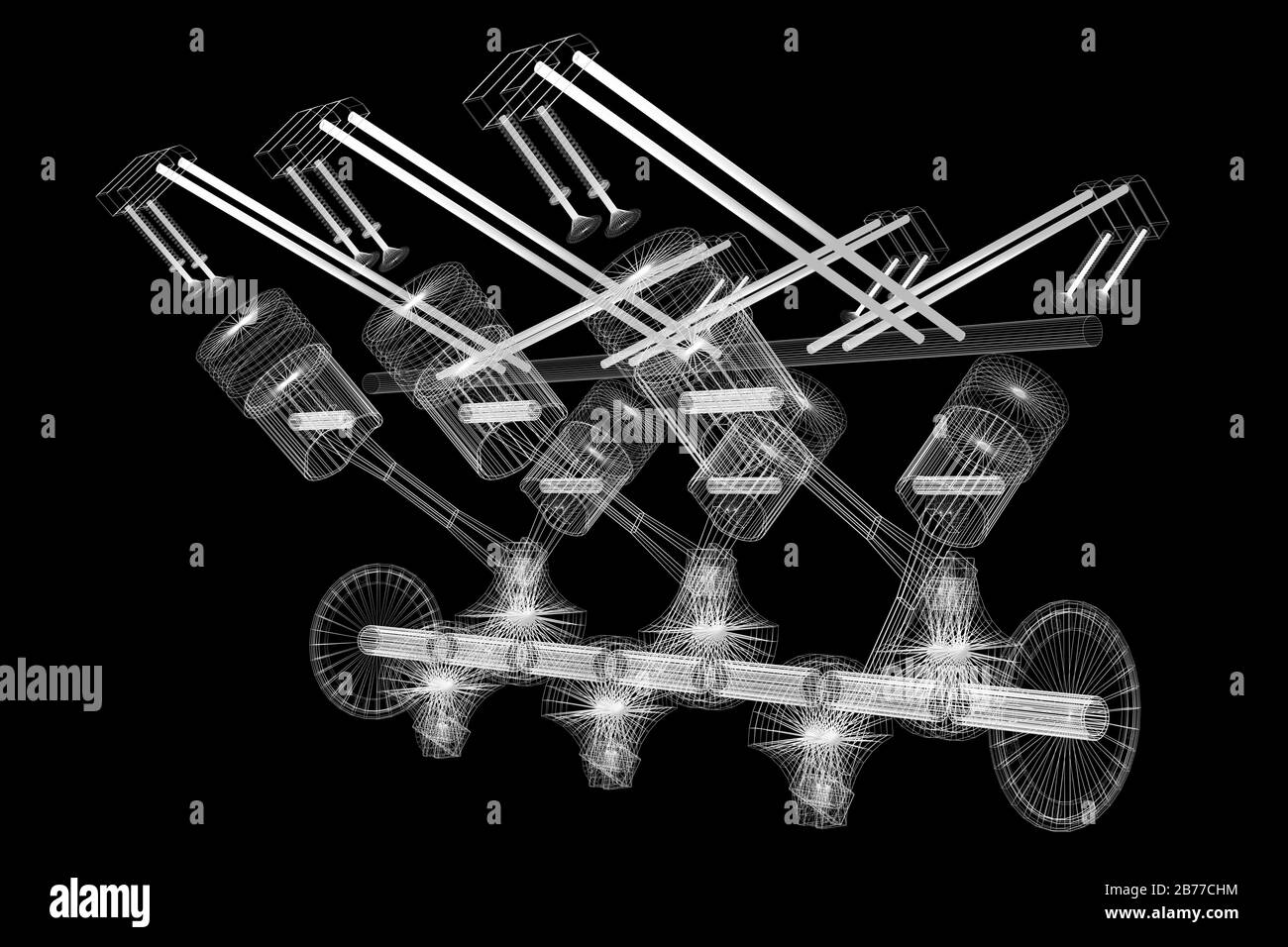 3D six-cylinder car engine, wireframe, black background Stock Photo - Alamy