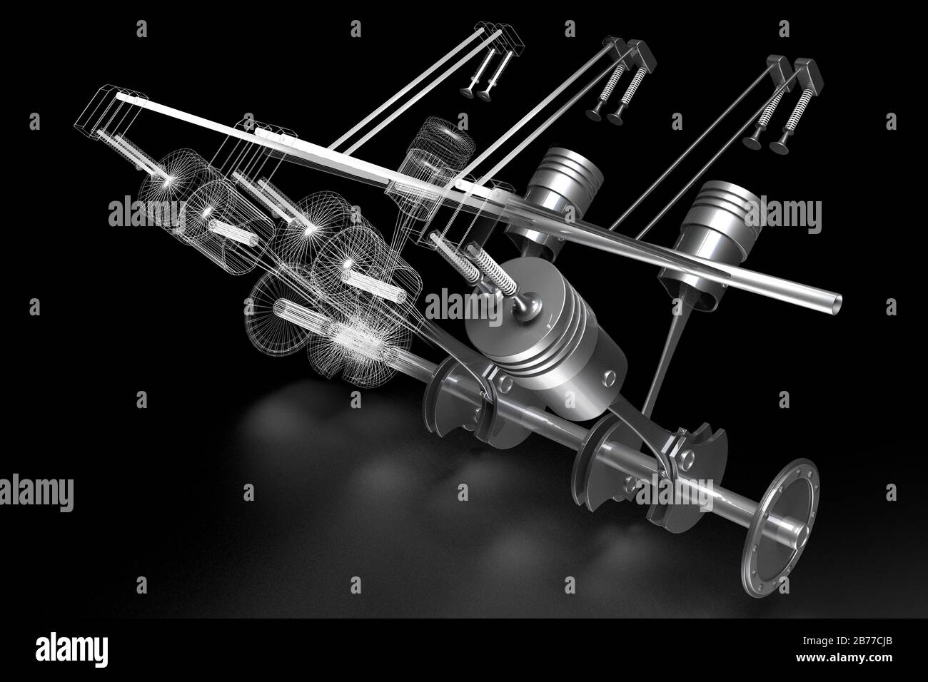 3D six-cylinder car engine - solid and wireframe model, black ...