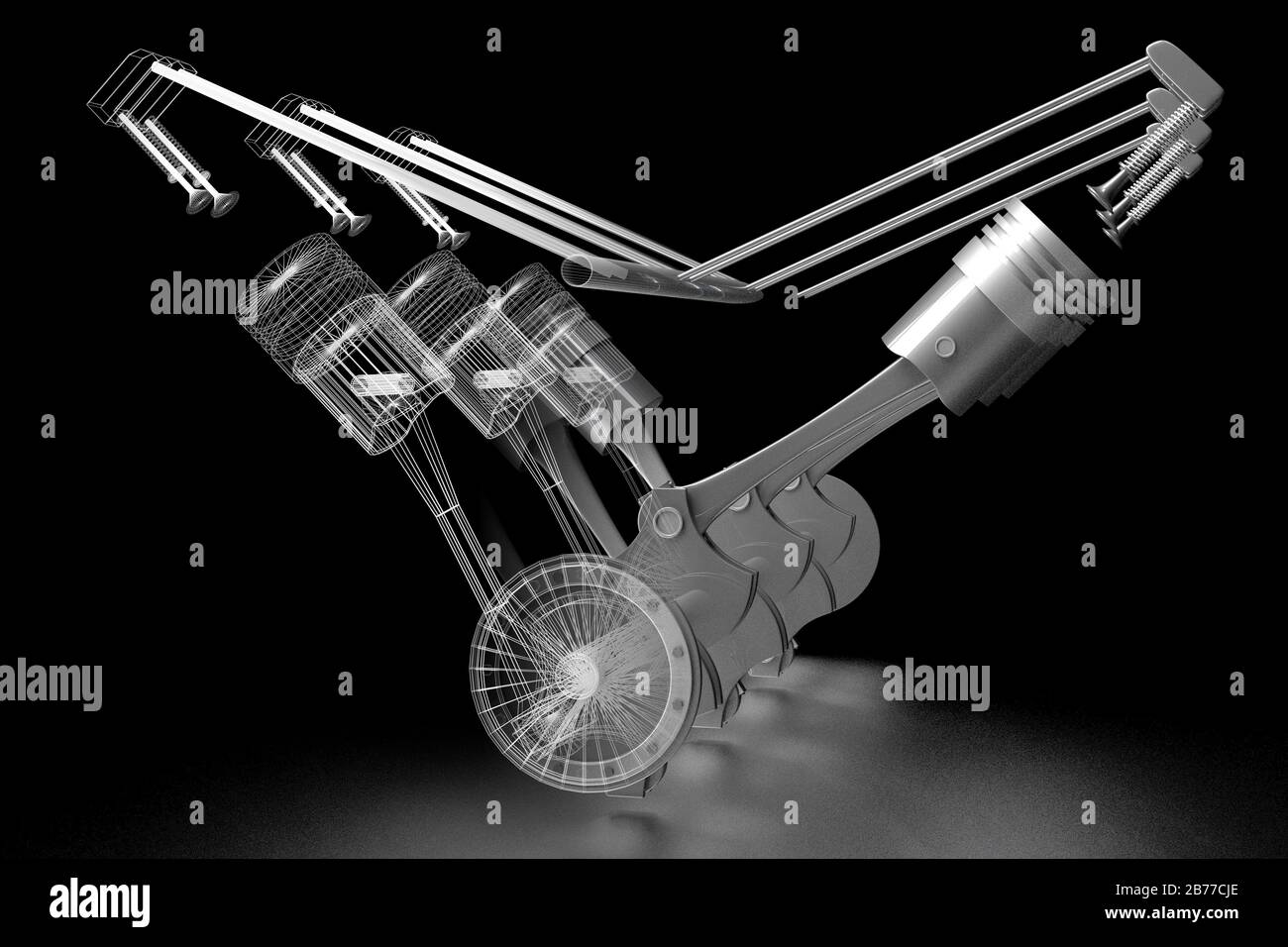 3D six-cylinder car engine - solid and wireframe model, black ...