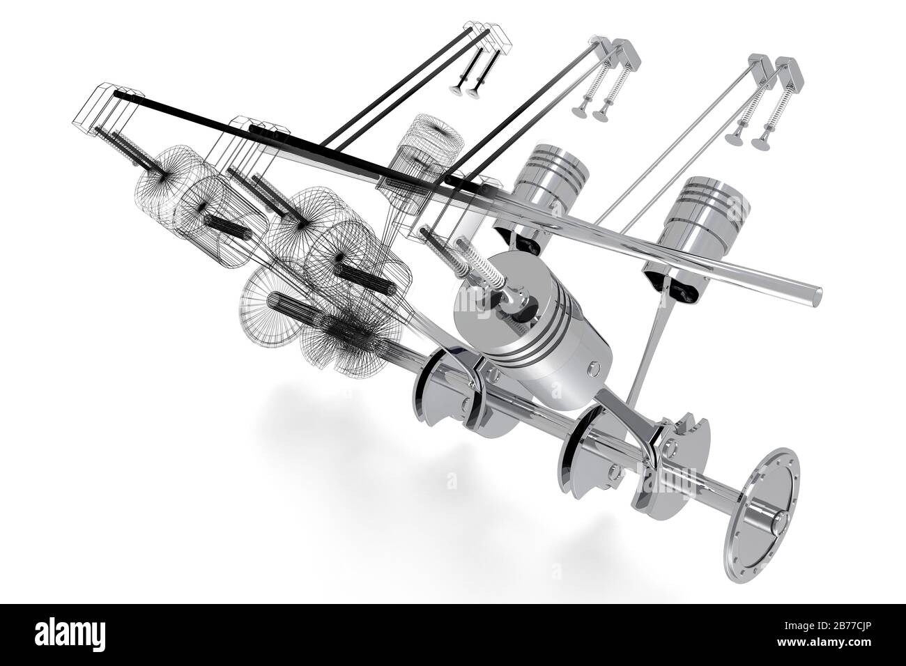 3D six-cylinder car engine - solid and wireframe model, white ...
