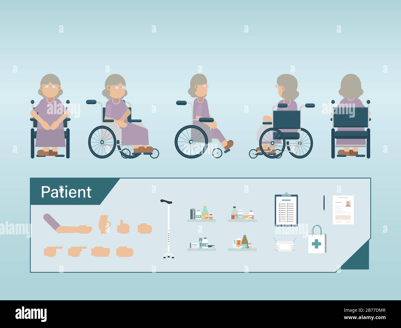 Set of senior patient characters in wheelchair vector illustration ...