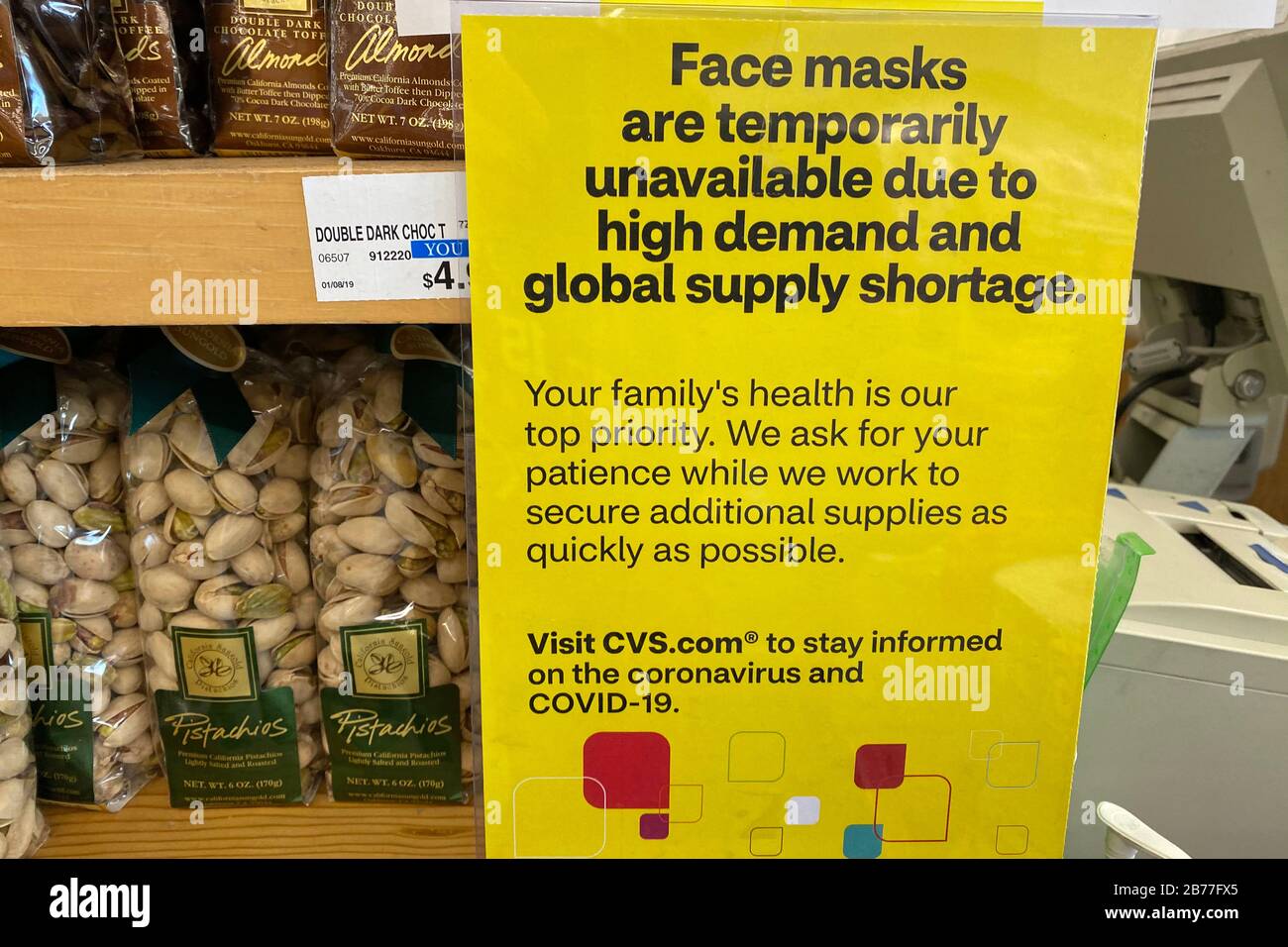 A face masks unavailable sign at the CVS because of a shortage from the ...