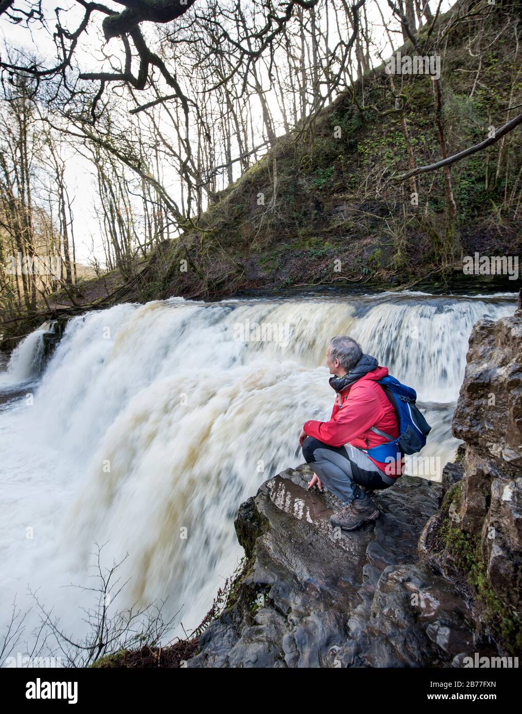 A walker watches the water flow on the River Mellte at the Sgwd y ...
