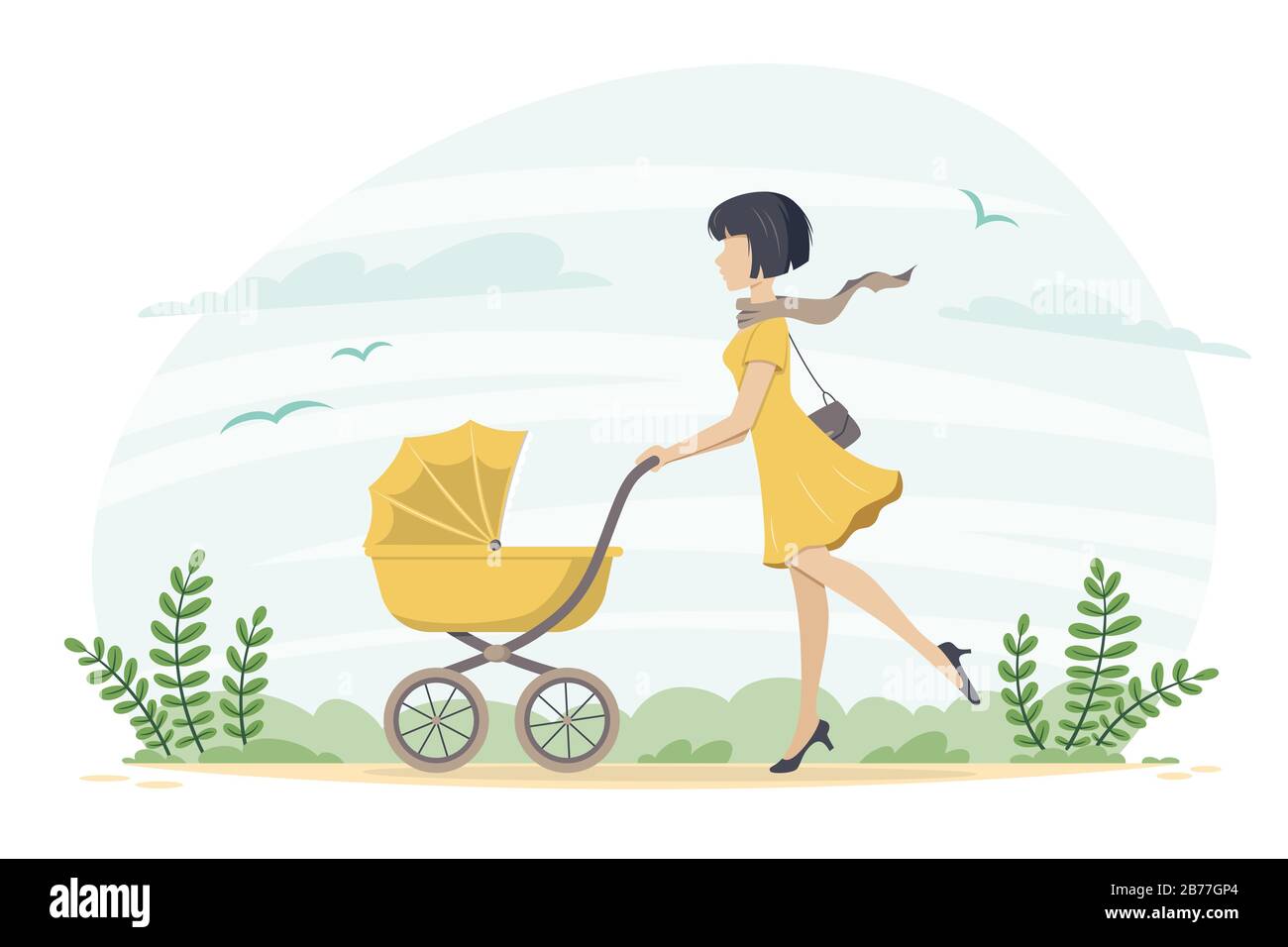 Young woman with stroller. Concept for workspace, web, background and ...