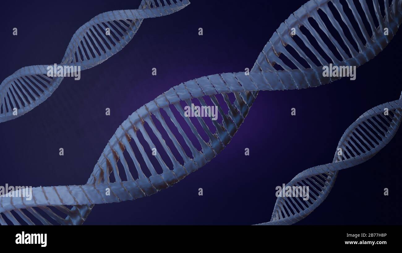 3D illustration of helical structure of DNA strand on blue background ...