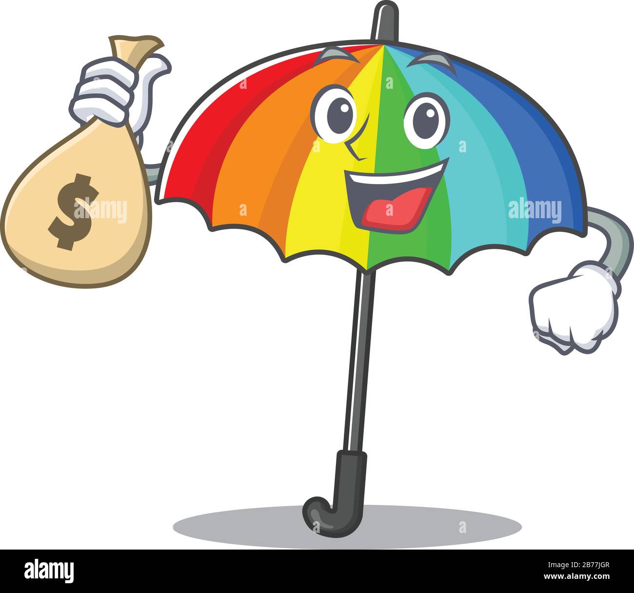 Smiley rich rainbow umbrella cartoon character bring money bags Stock ...