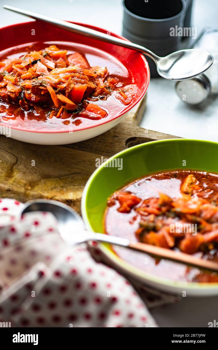 Traditional ukrainian red borscht made with beetroot, meat and cabbage ...