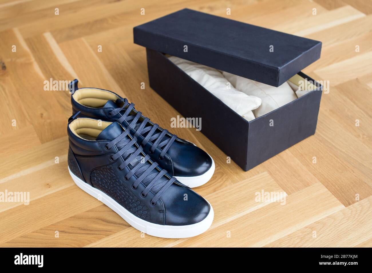 stylish blue men leather shoes, box for shoes, unboxing Stock Photo - Alamy