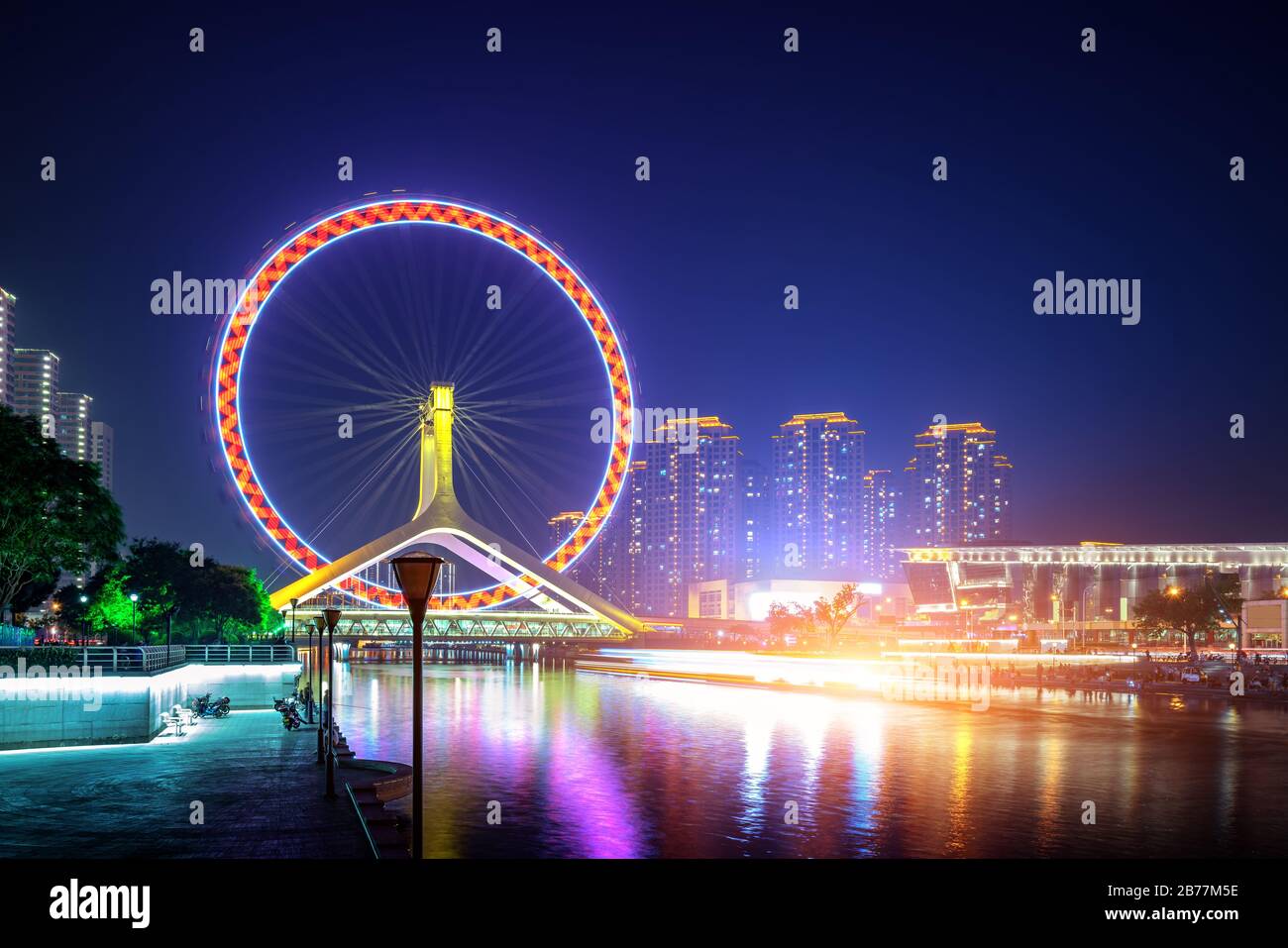 Night scene cityscape of Tianjin ferris wheel,Tianjin eyes in twilight ...