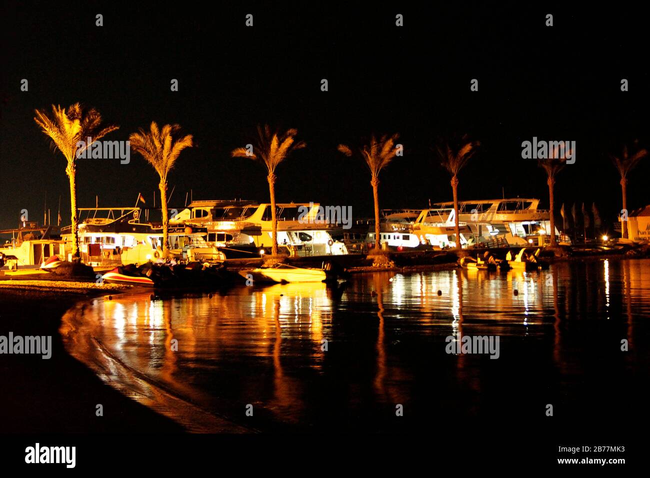Illuminated palm trees and yachts reflected in sea surface in night ...