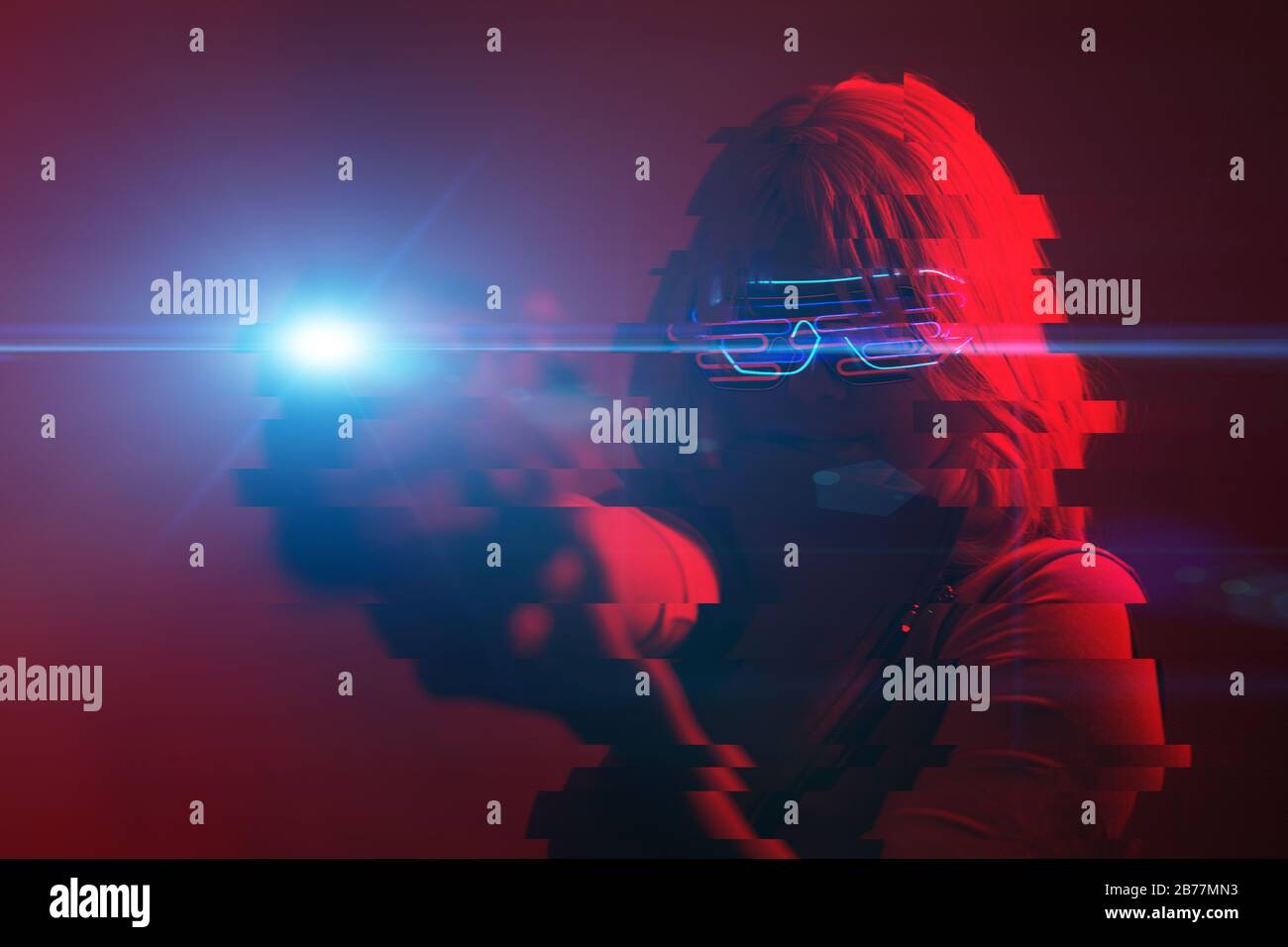 Girl with blaster in the futuristic battle. Concept virtual reality ...