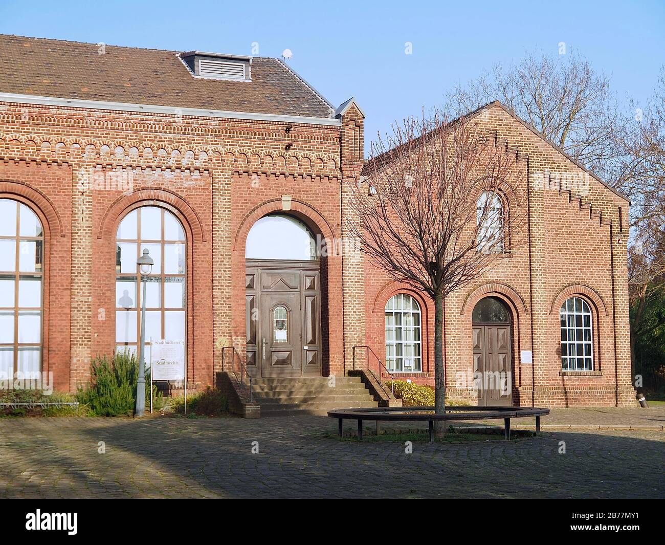 City park of Grevenbroich in NRW in Germany with public buildings and a ...