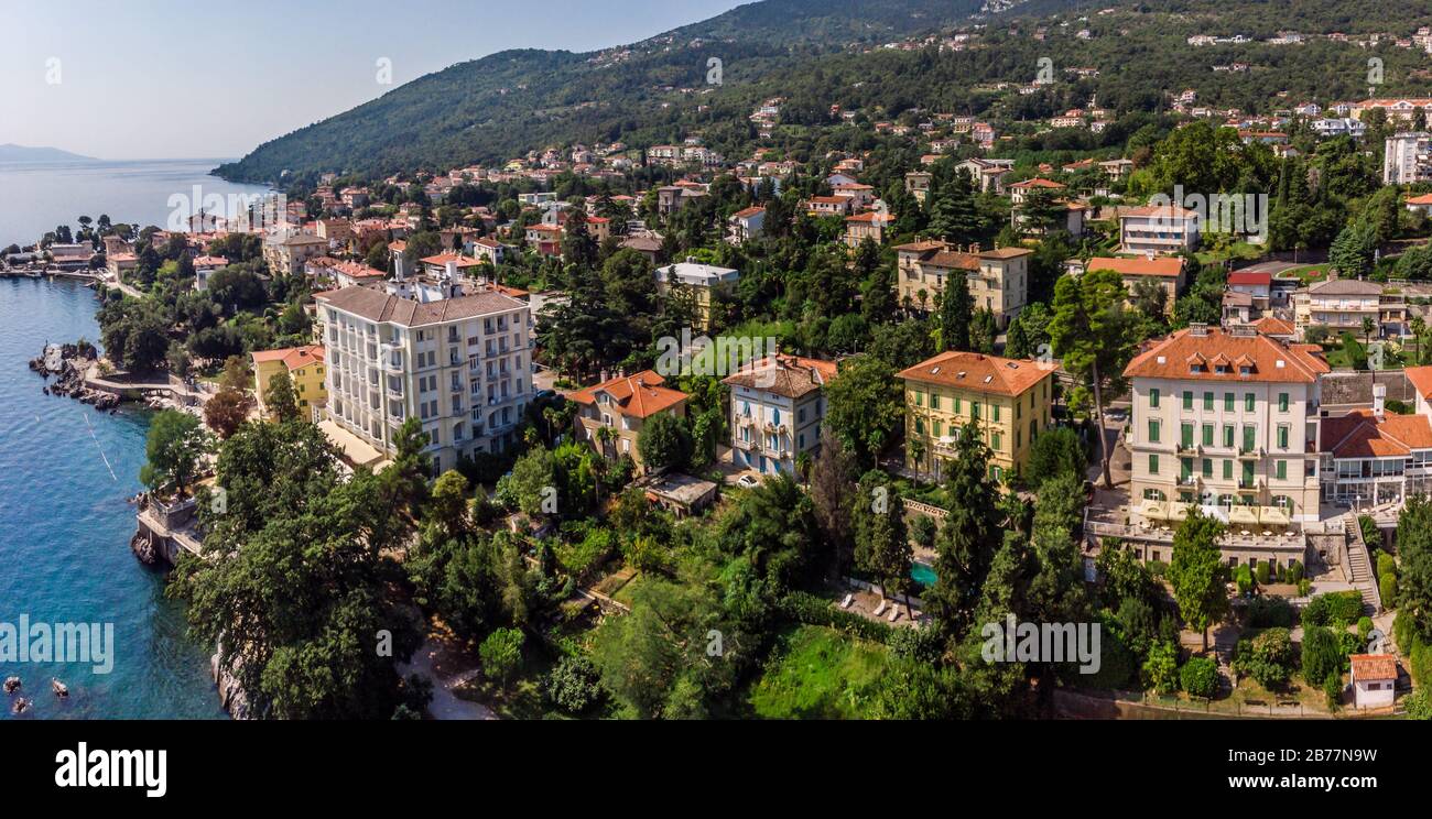 Beautiful panoramic view of Lovran village and its sea shore in Croatia ...