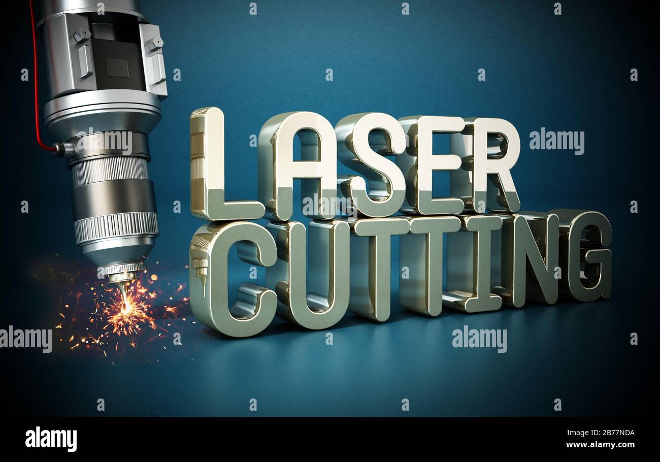 Laser cutter with sparks on laser cutting text. 3D illustration Stock ...
