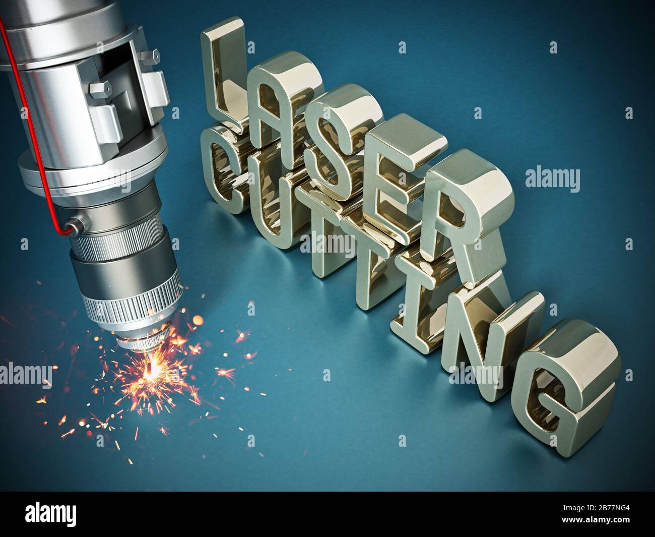 Laser cutter with sparks on laser cutting text. 3D illustration Stock ...