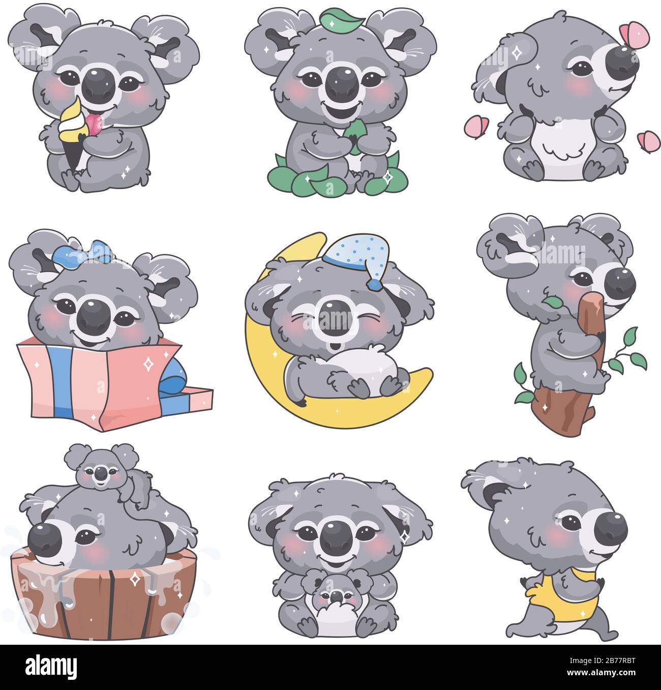 Cute koala kawaii cartoon vector characters set Stock Vector Image ...