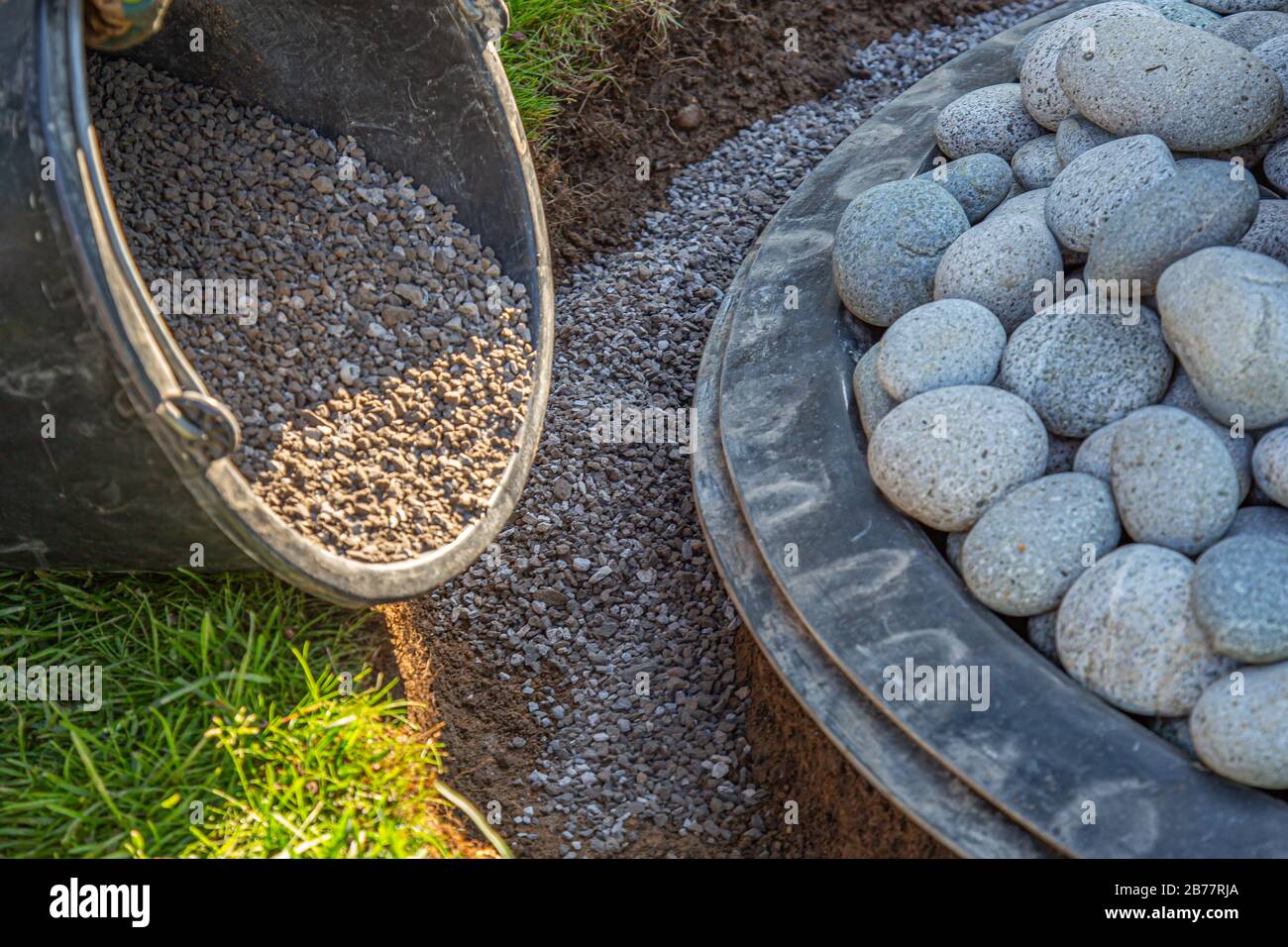 gritting material filled into the curb of a garden fountain Stock Photo ...