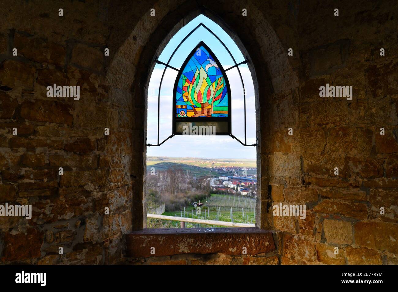 Bad Dürkheim, Germany - March 2020: Ogive stained glass window of flag ...