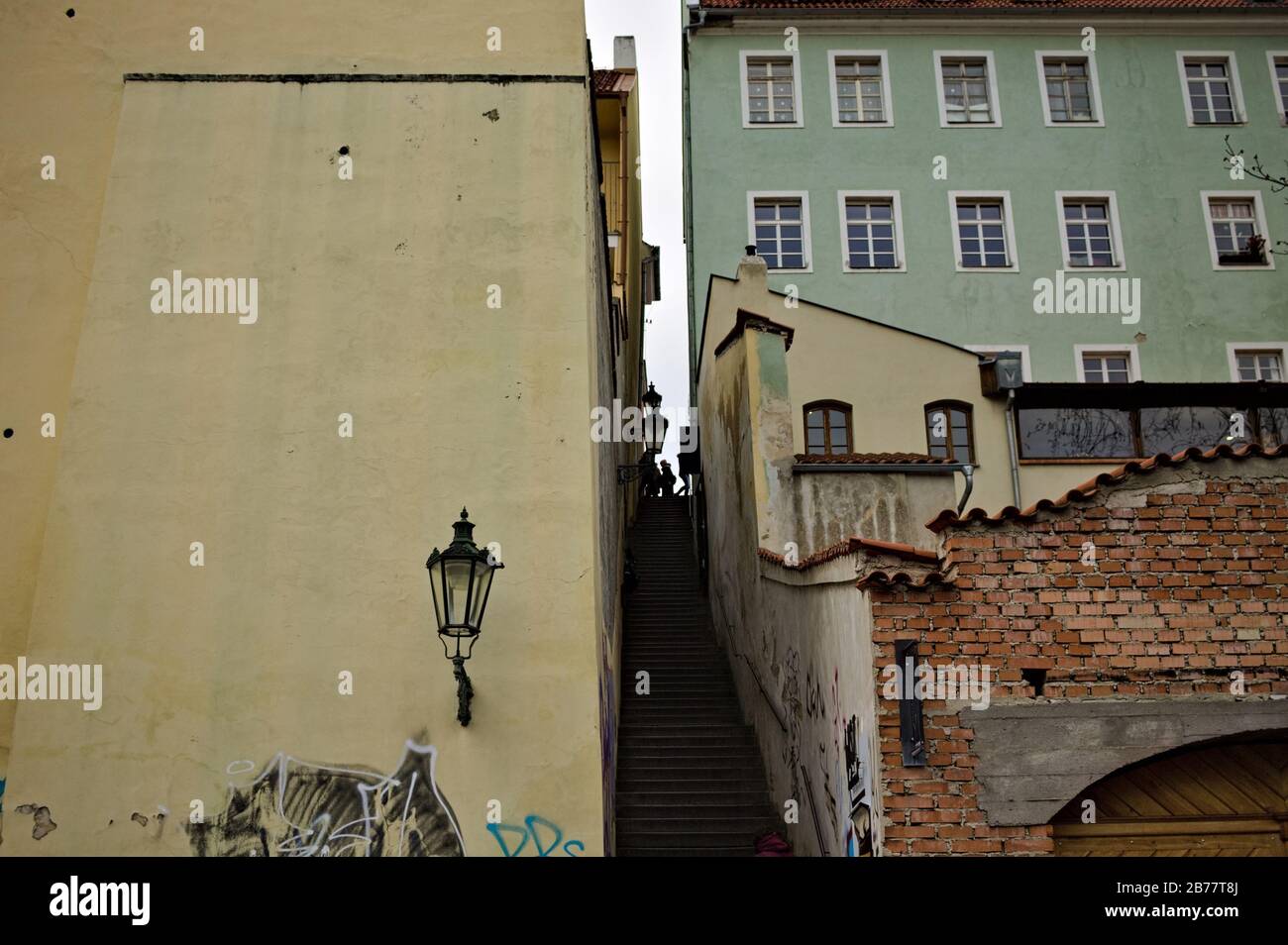 Narrow flight of steps between buildings (Prague, Czech Republic ...