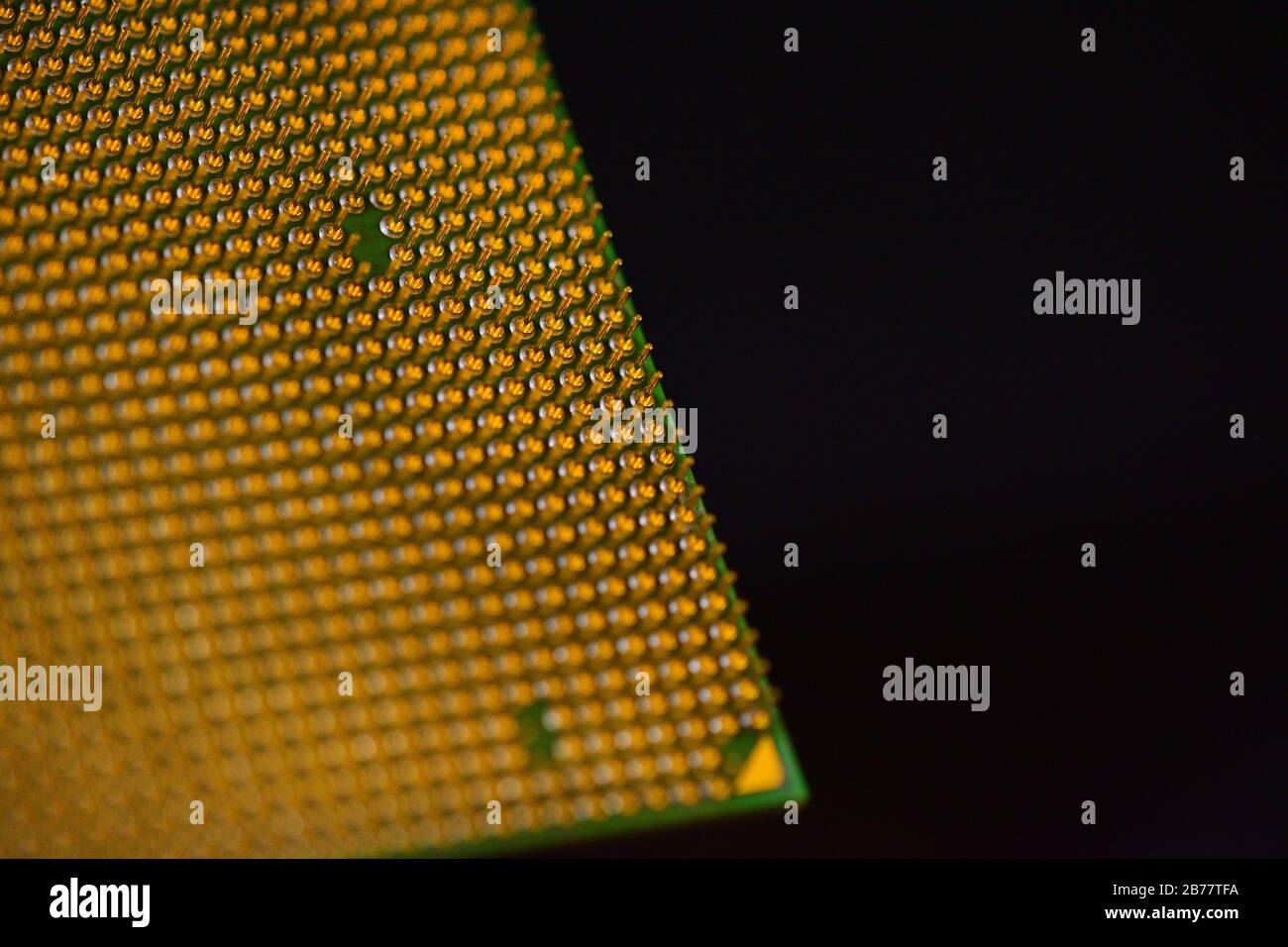 CPU - central processor unit upside-down on a black background. Pins ...