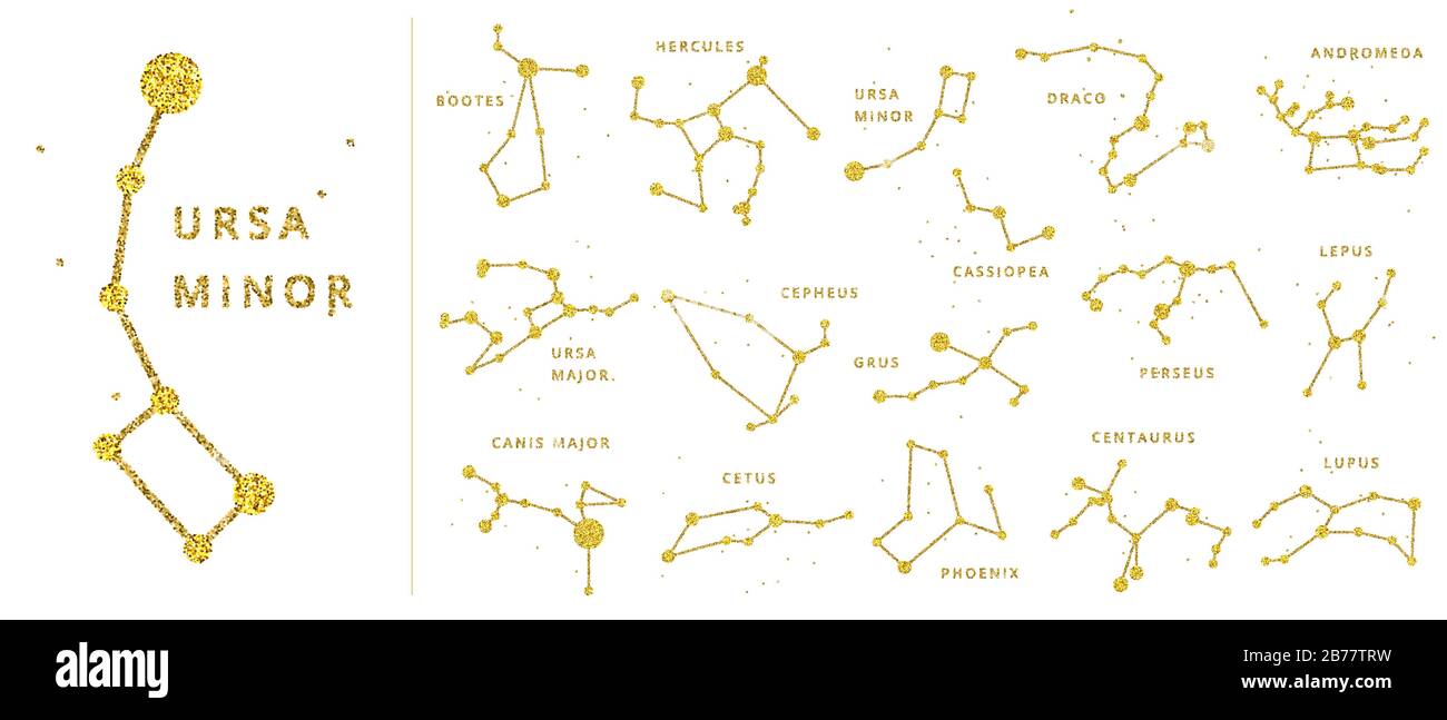 Vector golden and glitter sparkle celestial constellations with names ...