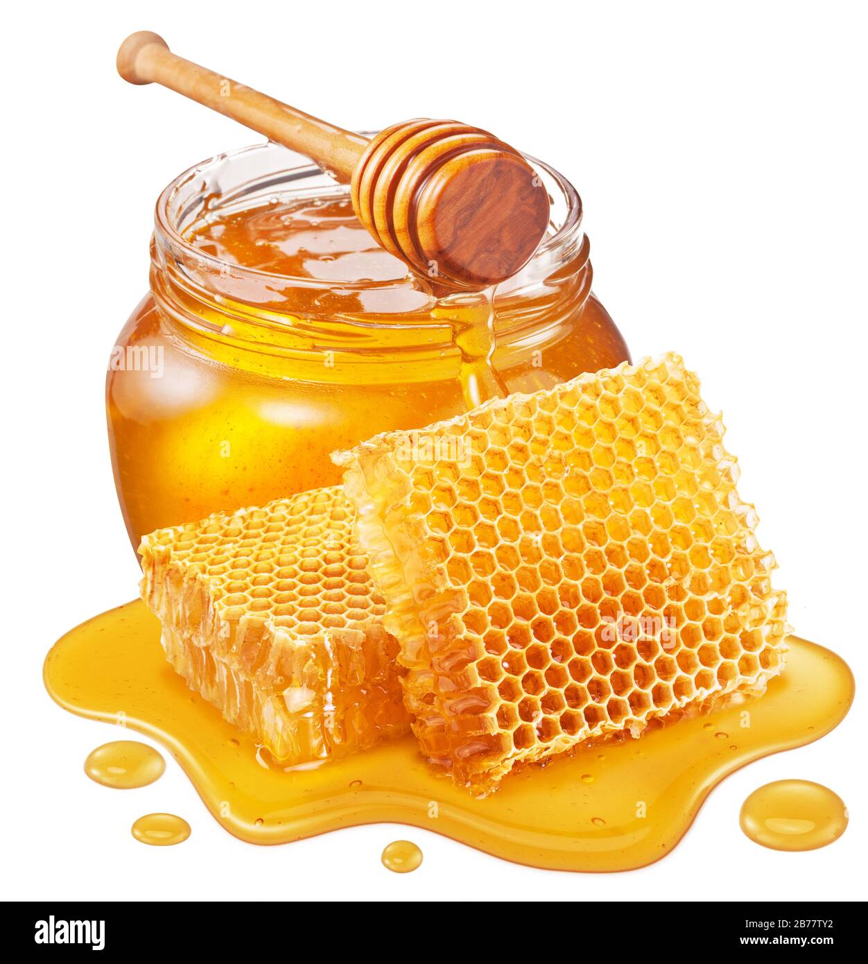 Glass pot of honey, honeycombs and sweet sticky honey puddle isolated ...